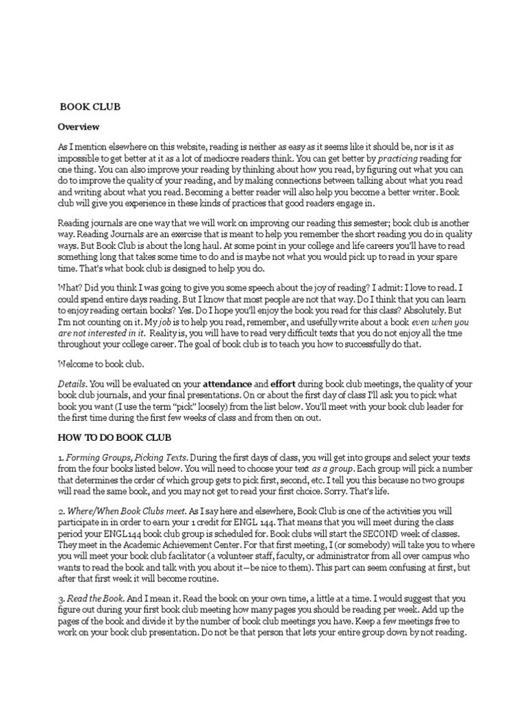 Book Club Assignment Sheet | Download Free PDF | Books