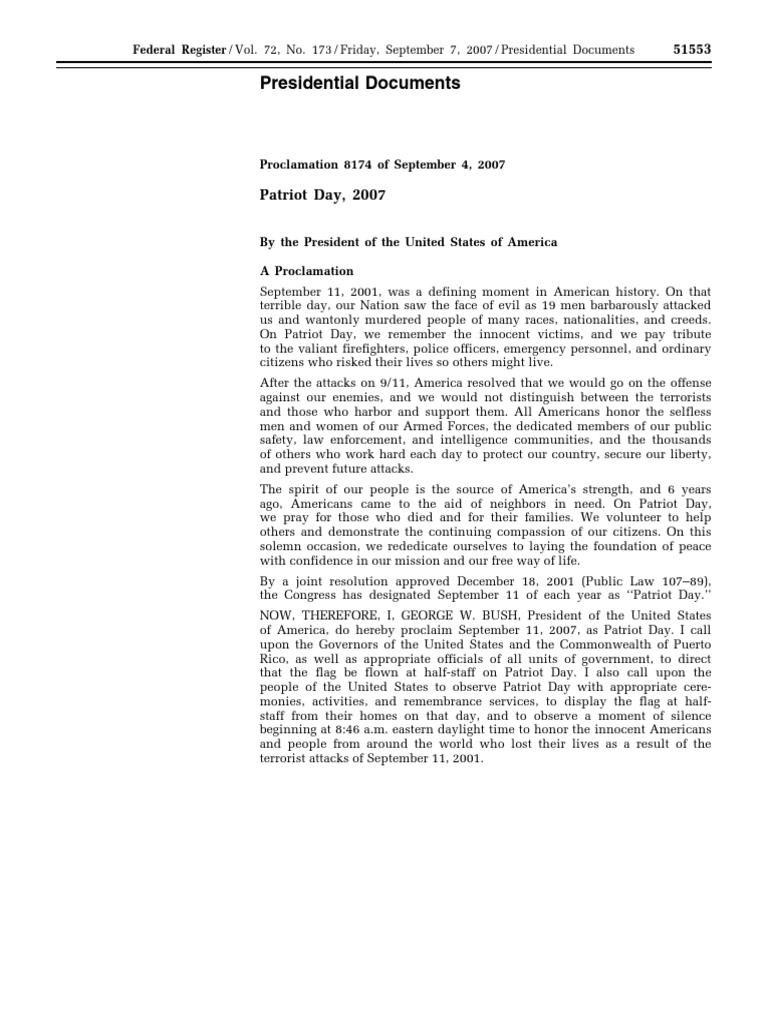Proclamation: Special Observances: Patriot Day (Proc. 8174) | PDF ...