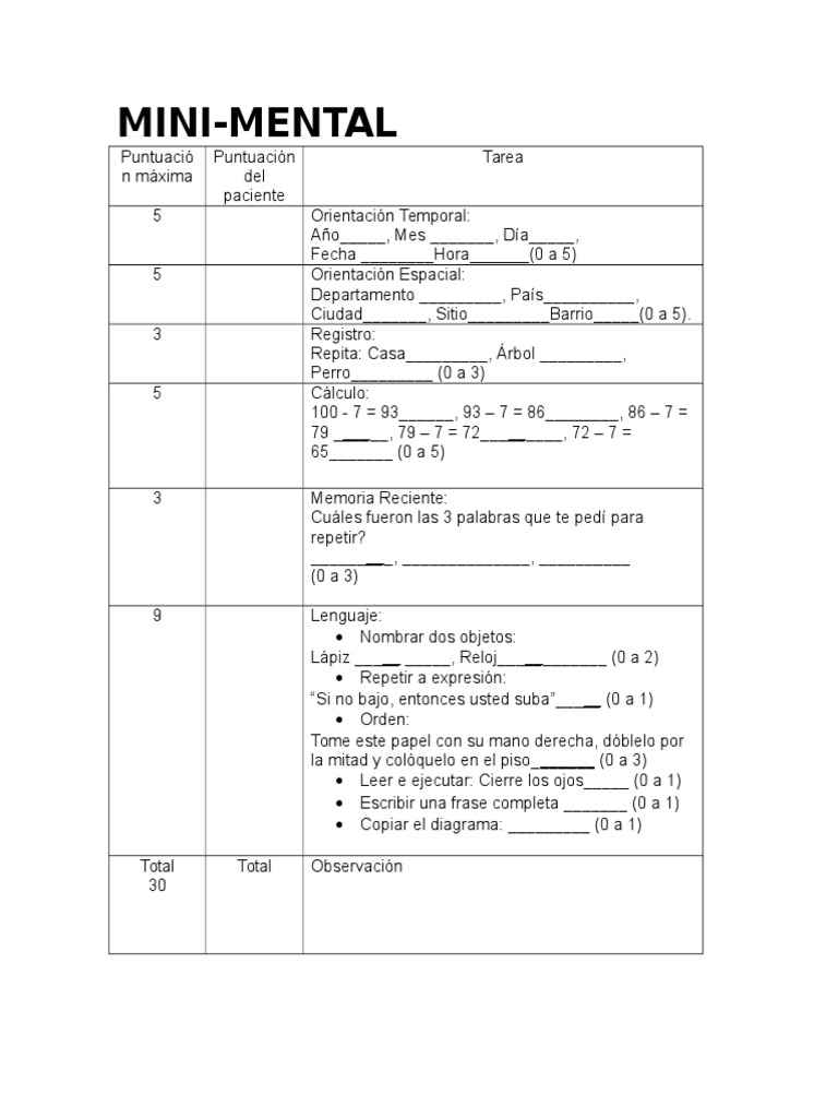 Mini Mental | Asunto (gramática) | Cognición