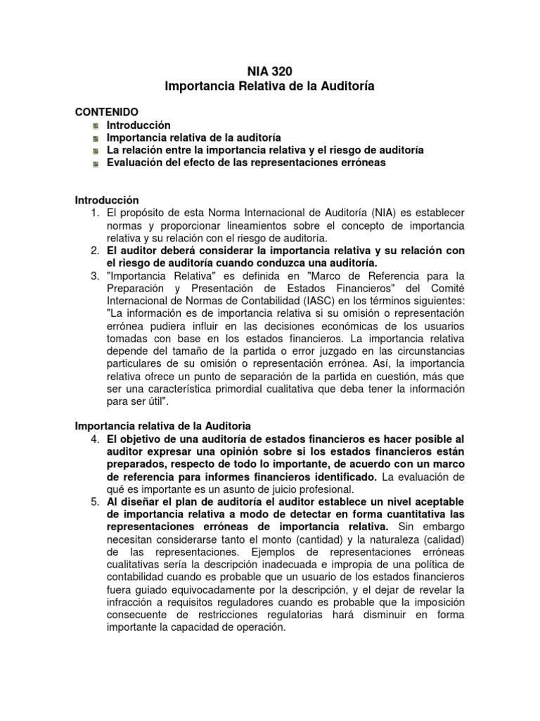 Nia 320 PDF | PDF | Auditoría financiera | Estado financiero