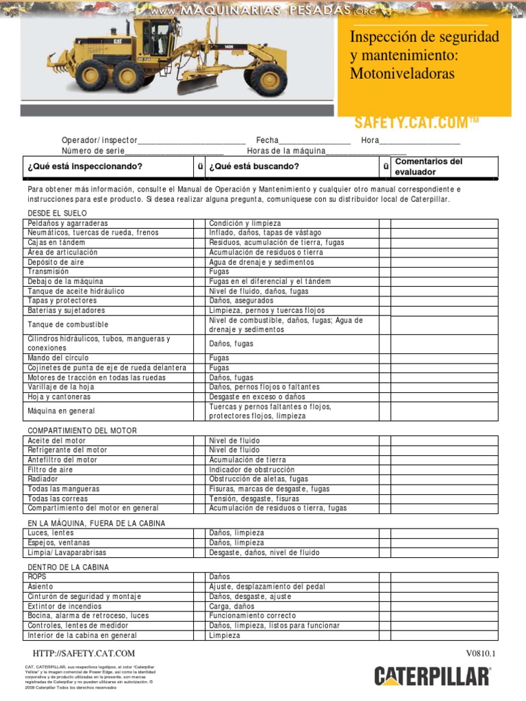 Material Checklist Inspeccion Motoniveladoras Caterpillar | PDF