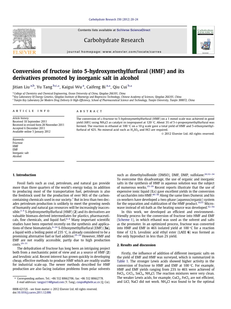 Conversion of Fructose Into 5-Hydroxymethylfurfural (HMF) and Its ...