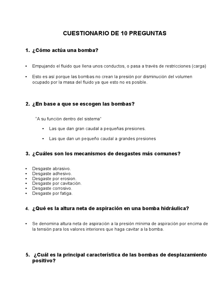 Cuestionario de 10 Preguntas | PDF | Bomba | Máquinas