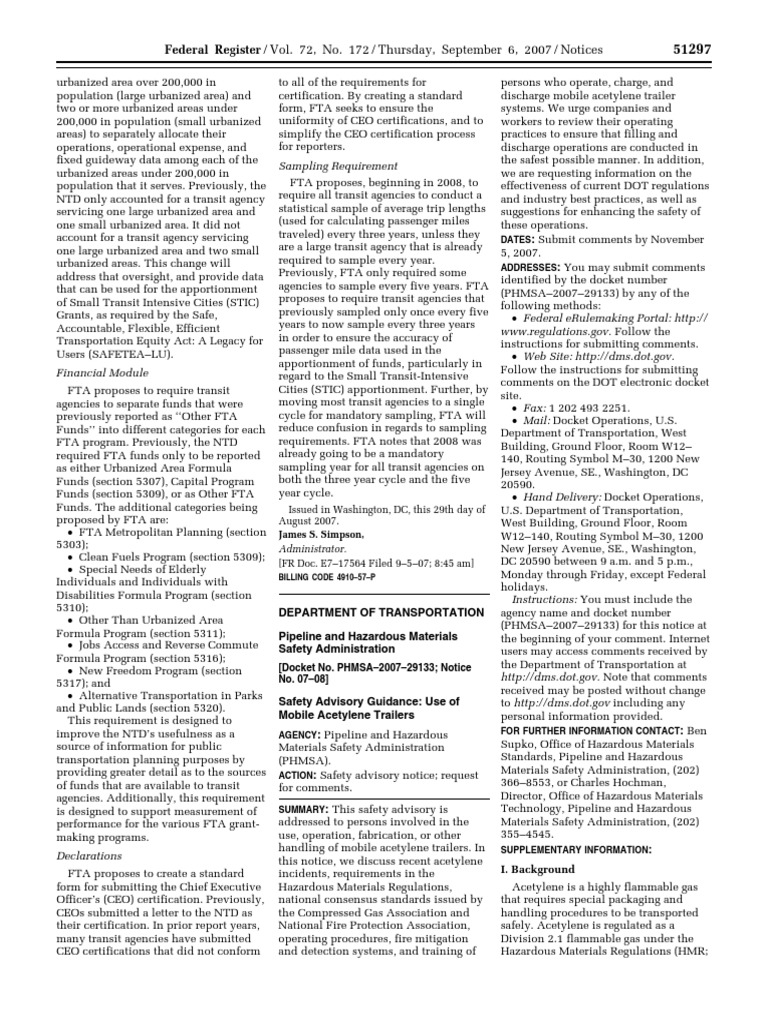 Notice: Pipeline Safety: Advisory Bulletins— Mobile Acetylene Trailers ...