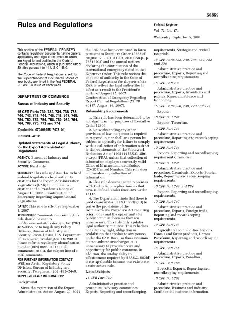 Rule: Export Administration Regulations Legal Authority Citations ...