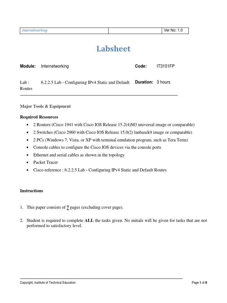 P6225 Lab Configuring Ipv4 Static And Default Routes B Distributed Pdf Ip Address 5358