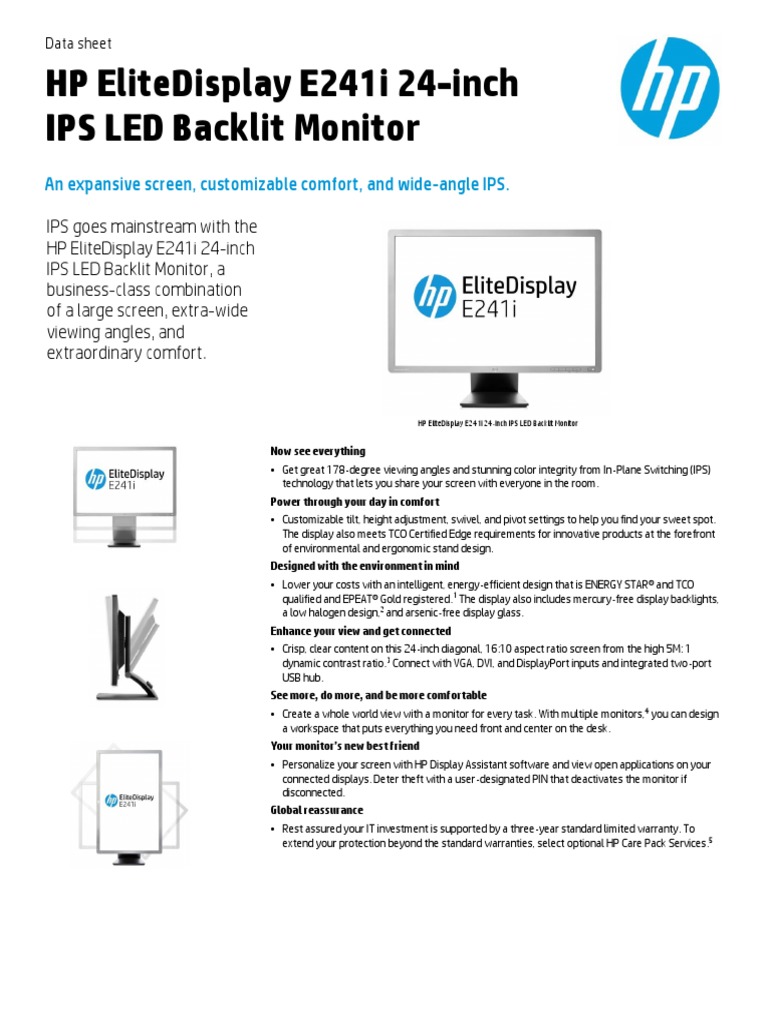 HP E241i Datasheet | PDF | Computer Monitor | Electrical Engineering