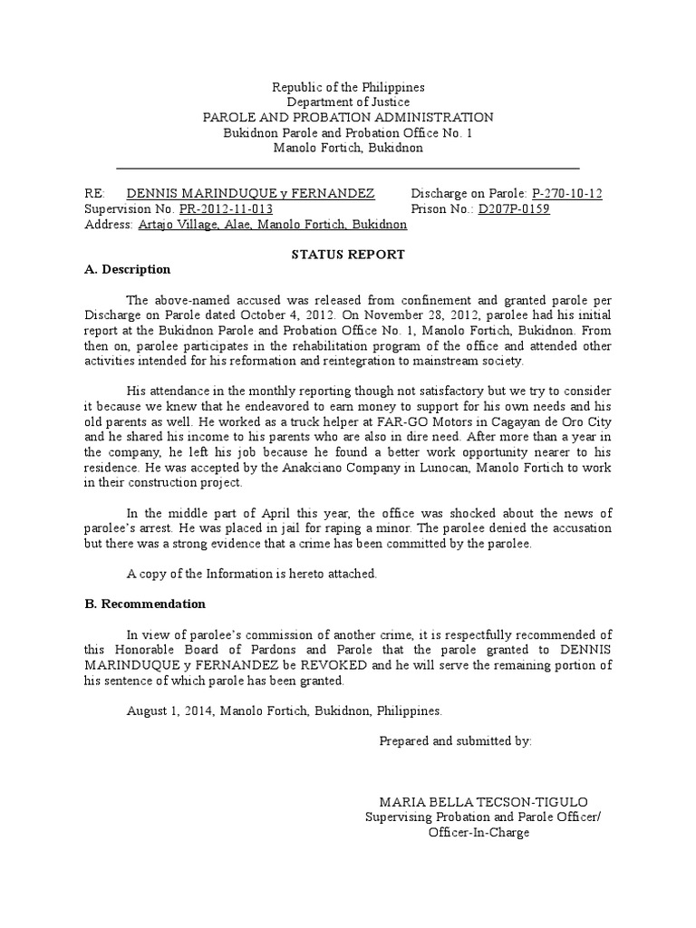 Parole Status Report for Dennis Marinduque | PDF | Parole | Probation ...
