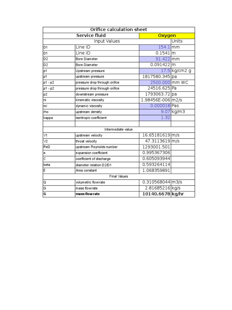 Orifice Calculation Sheet Service Fluid Oxygen: G Mass Flow Rate | PDF ...