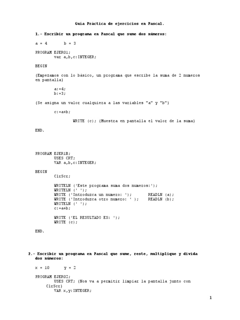 Guía Práctica de Ejercicios en Pascal PDF | PDF | Números | Matemática Elemental
