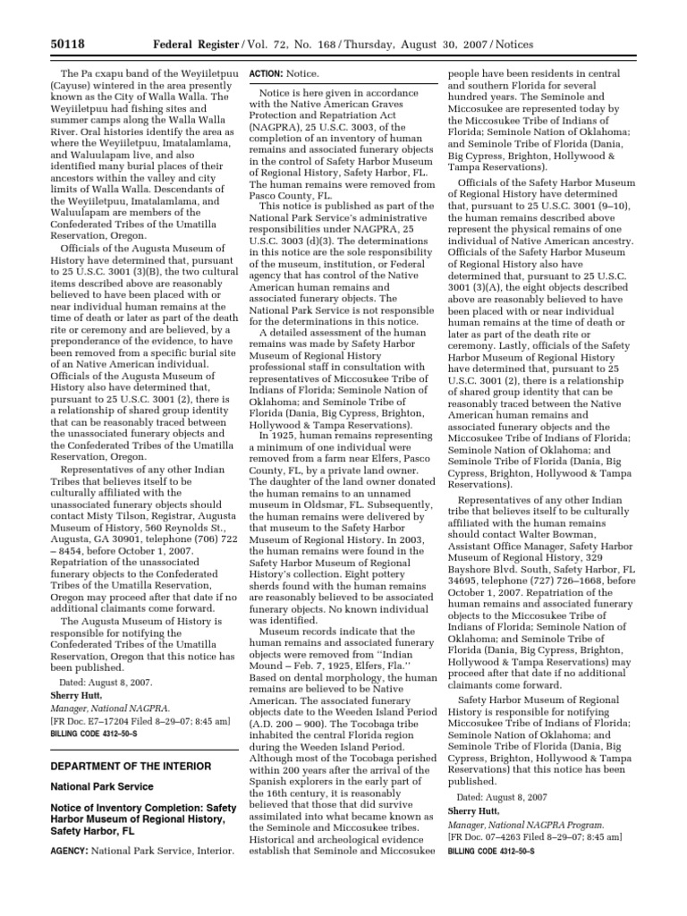 Notice: Native American Human Remains, Funerary Objects Inventory ...
