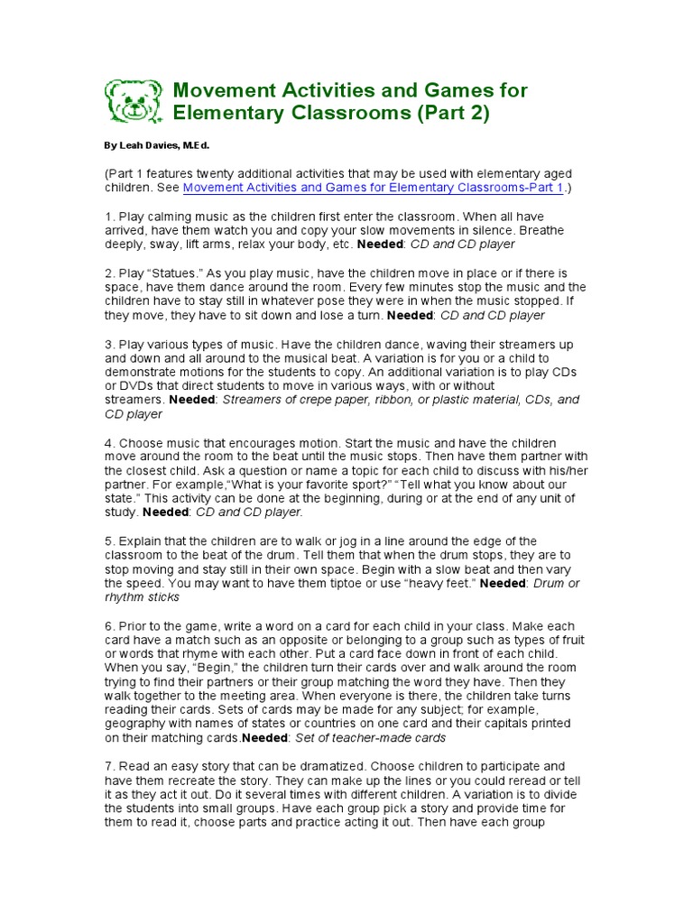 Movement Activities and Games For Elementary Classrooms | PDF ...