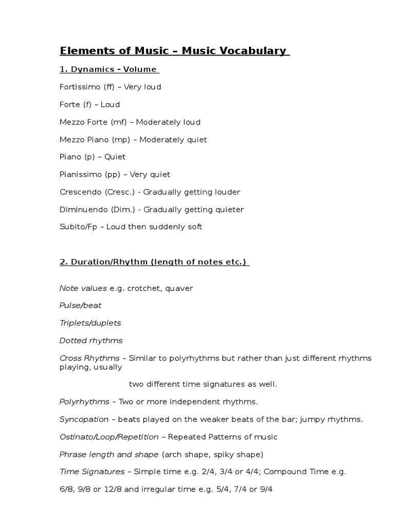 Music Vocabulary - Elements, Dynamics, Pitch, Texture & Form | PDF ...
