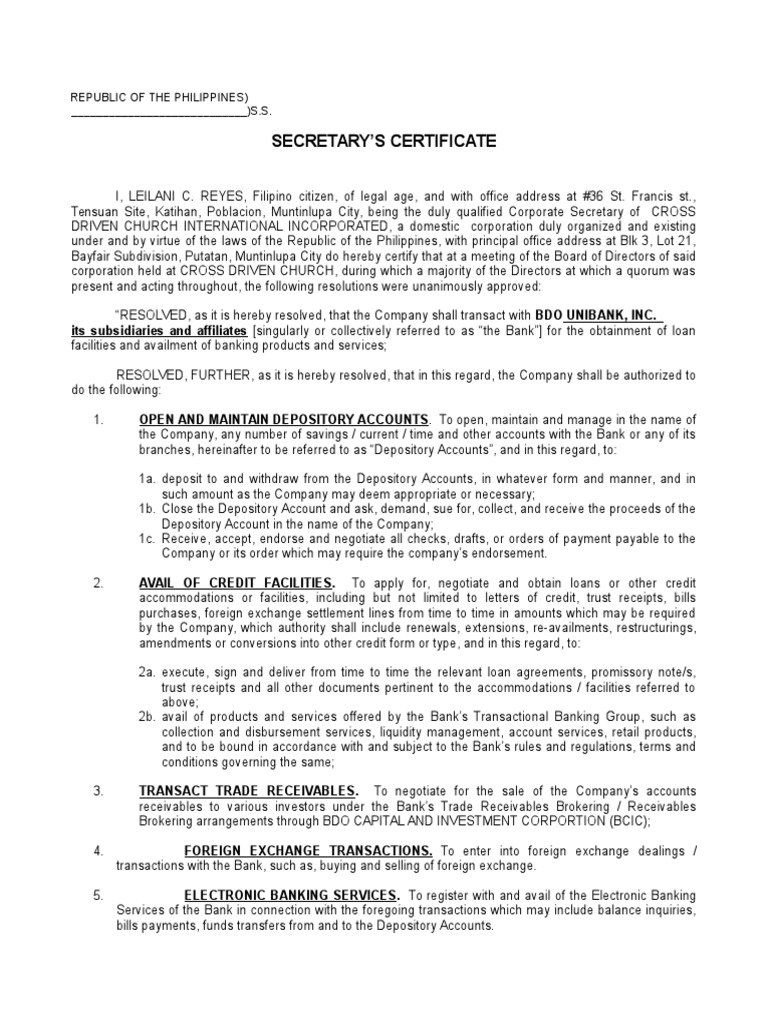 Sec. Cert. With List of Officers | PDF | Credit (Finance) | Banks