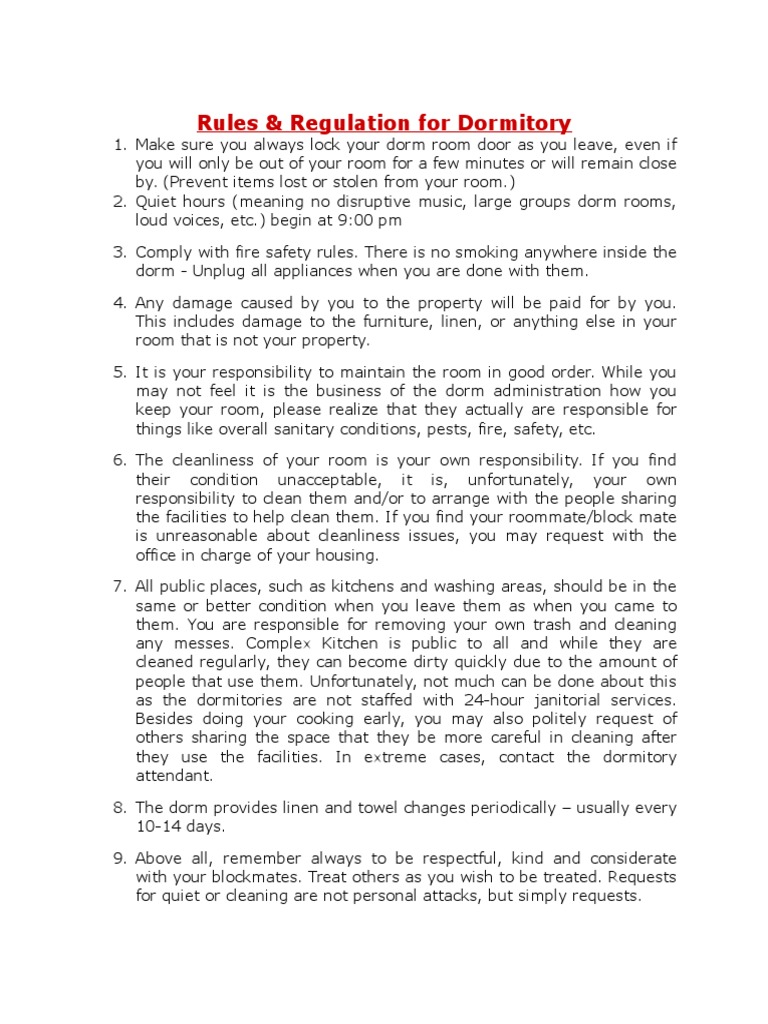 Dormitory Rules and Regulations Guide | PDF | Dormitory | Business