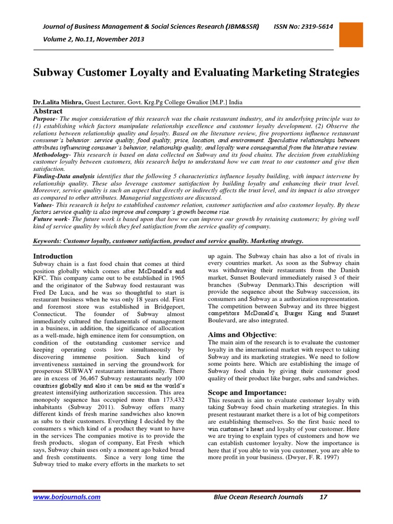 Case Study On Subway Customer Loyalty and Evaluating Marketing ...
