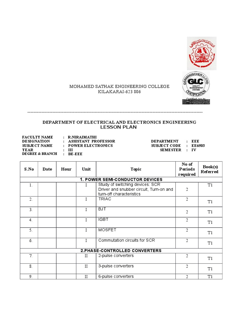 EEE Power Electronics Lesson Plan | PDF | Technology & Engineering