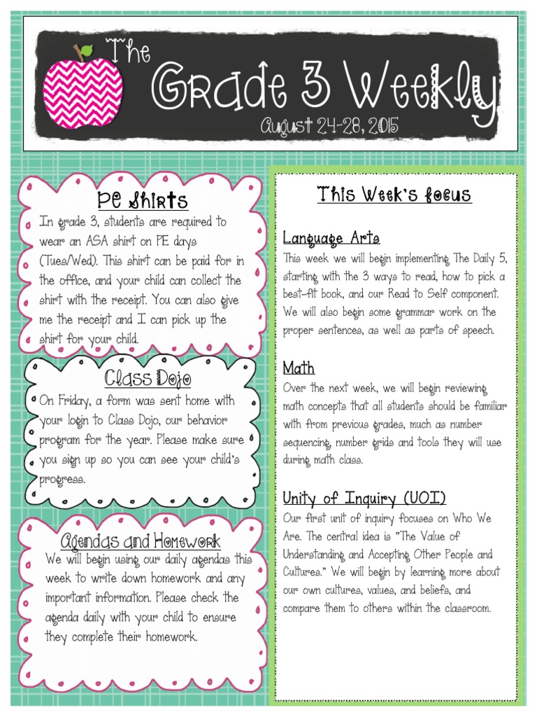 Grade 3 Weekly Overview: Aug 24-28, 2015 | PDF