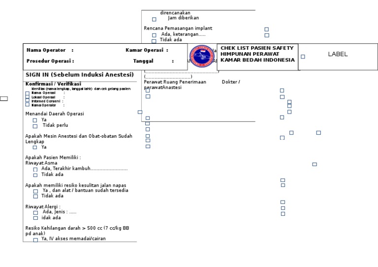 Cheklist Surgical Safety HIPKABI | PDF | Hukum | Kesehatan Holistik