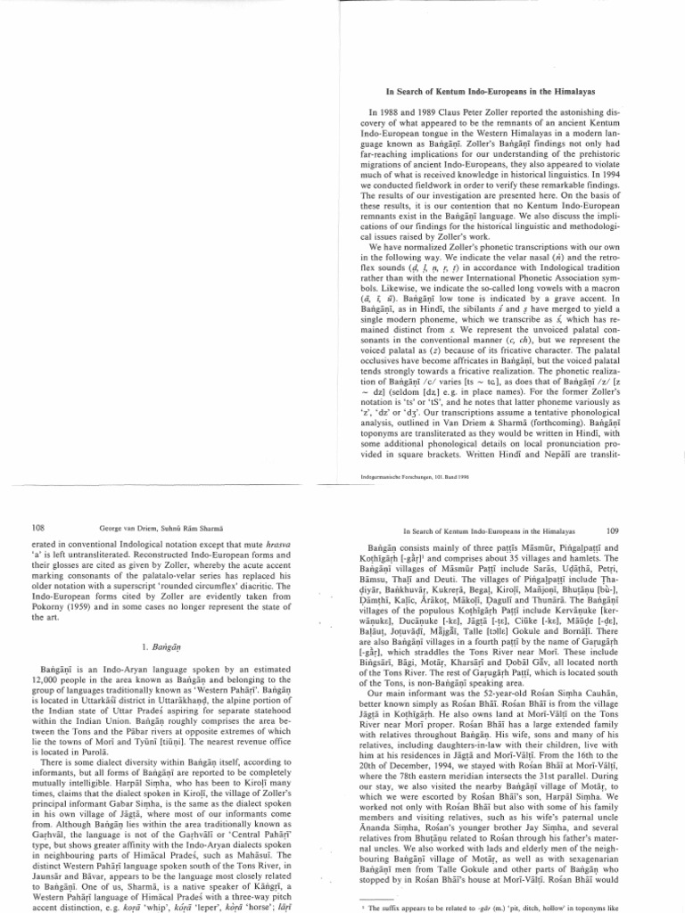 1996 Bangani in Search of Kentum Indo-Europeans in The Himalayas | PDF ...