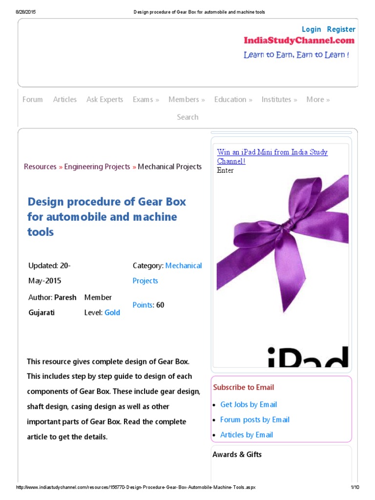 Design Procedure of Gear Box For Automobile and Machine Tools | PDF ...