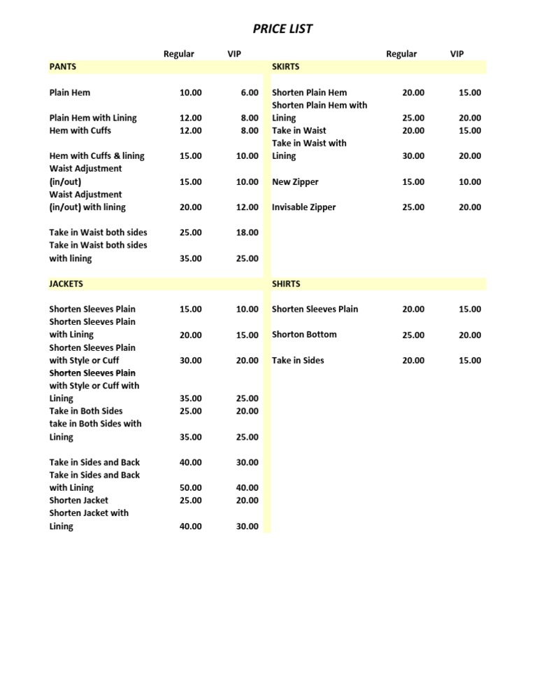 Tailor Price List | PDF