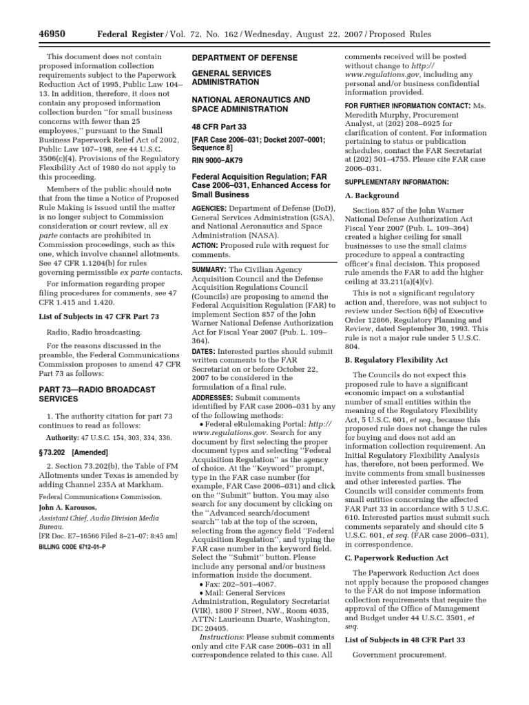 Proposed Rule: Federal Acquisition Regulation (FAR) : Enhanced Access ...