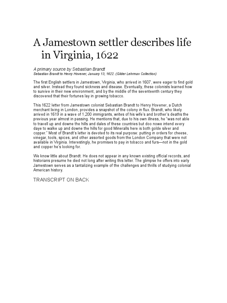 Jamestown Life: Brandt's 1622 Letter | PDF | Jamestown, Virginia
