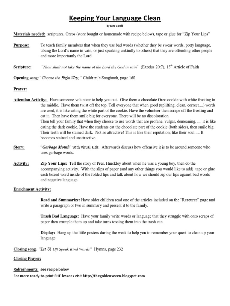 "Zipping Your Lips Against Bad Language" FHE Lesson | PDF | Profanity