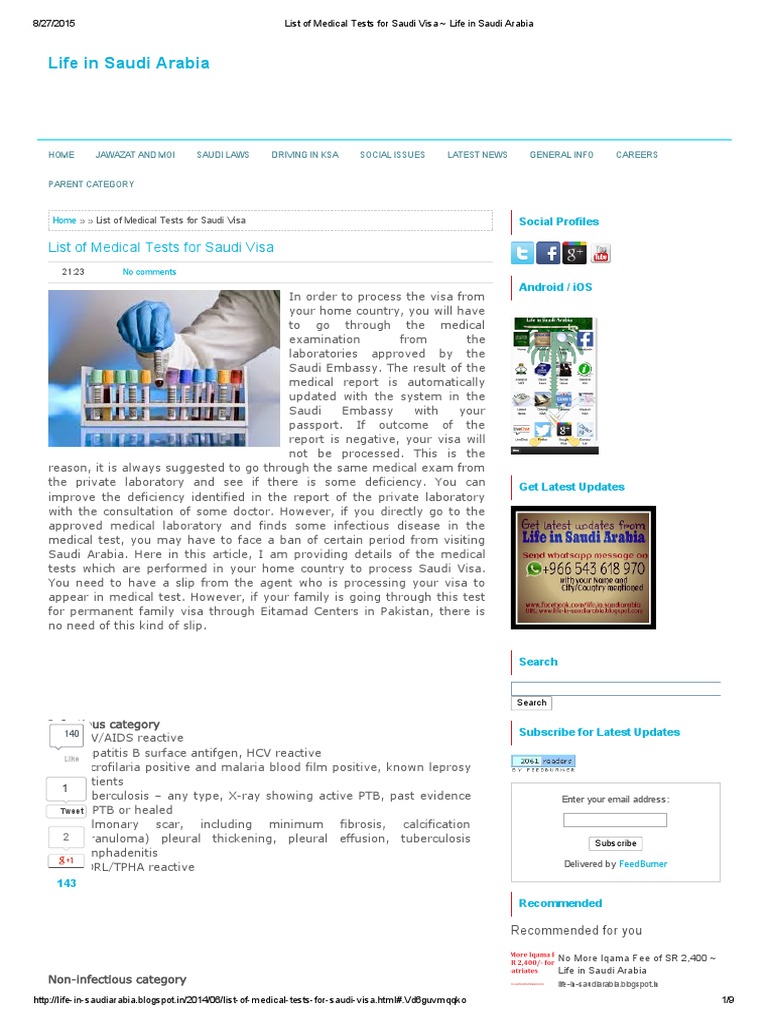 List of Medical Tests For Saudi Visa - Life in Saudi Arabia | PDF ...