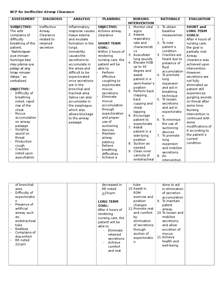 NCP For Ineffective Airway Clearance. | PDF | Respiratory Tract | Lung