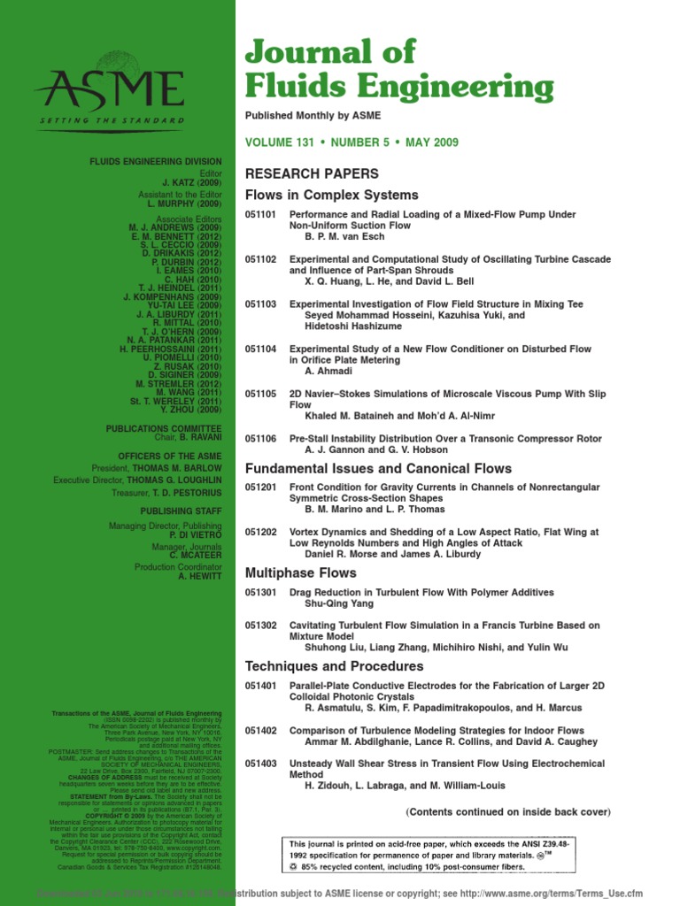 J Fluids Engineering 2009 Vol 131 N5 | PDF | Pump | Fluid Dynamics