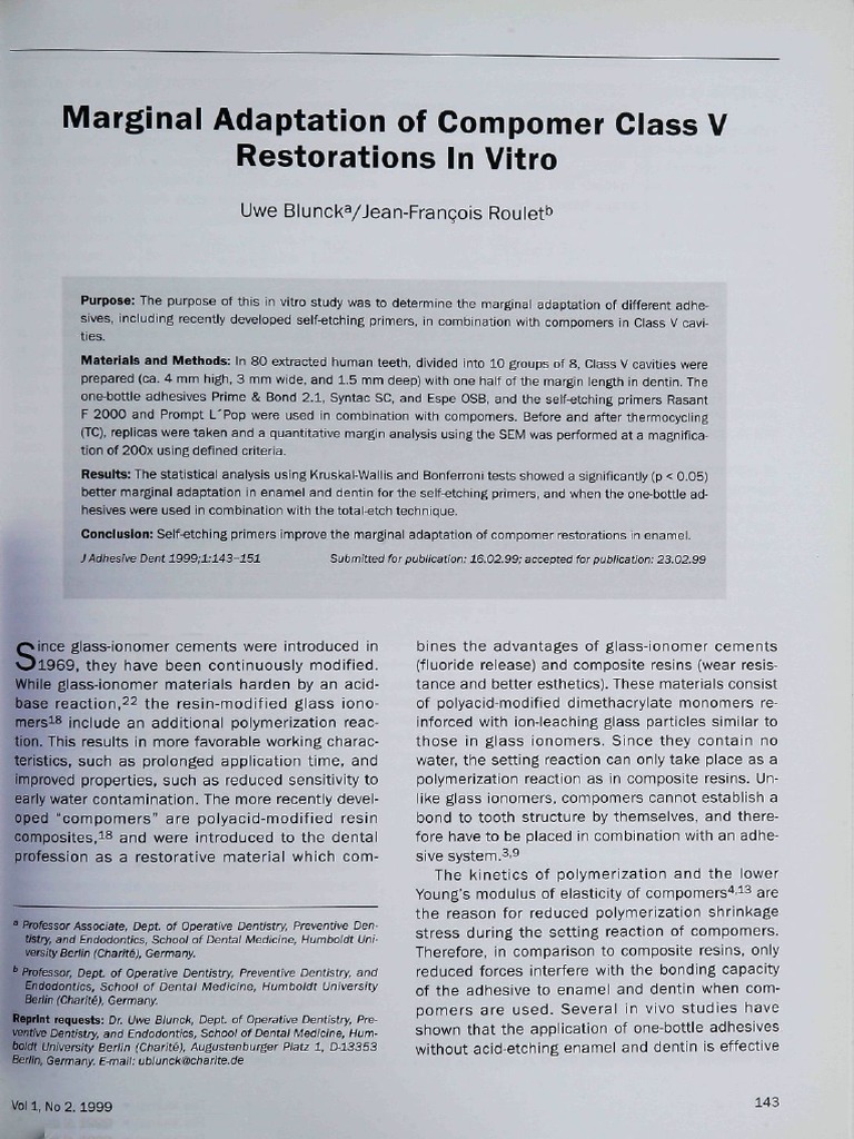 Marginal Adaptation Of Compomer Class V Restorations In Vitro Pdf Dental Composite Tooth