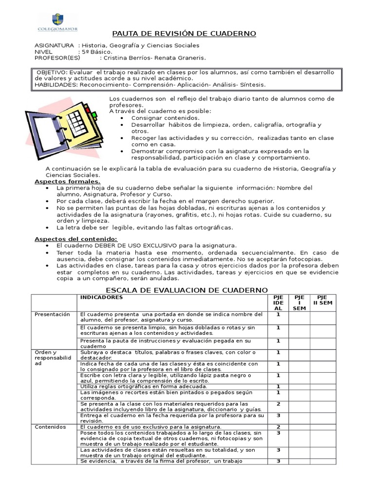 PAUTAS DE REVISIÓN DE CUADERNO 5° y 6° | PDF | Cuaderno | Maestros