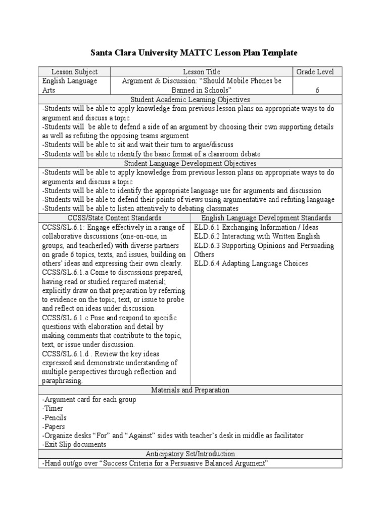 Santa Clara University Mattc Lesson Plan Template - Final Project Lesson Plan | PDF | Lesson ...