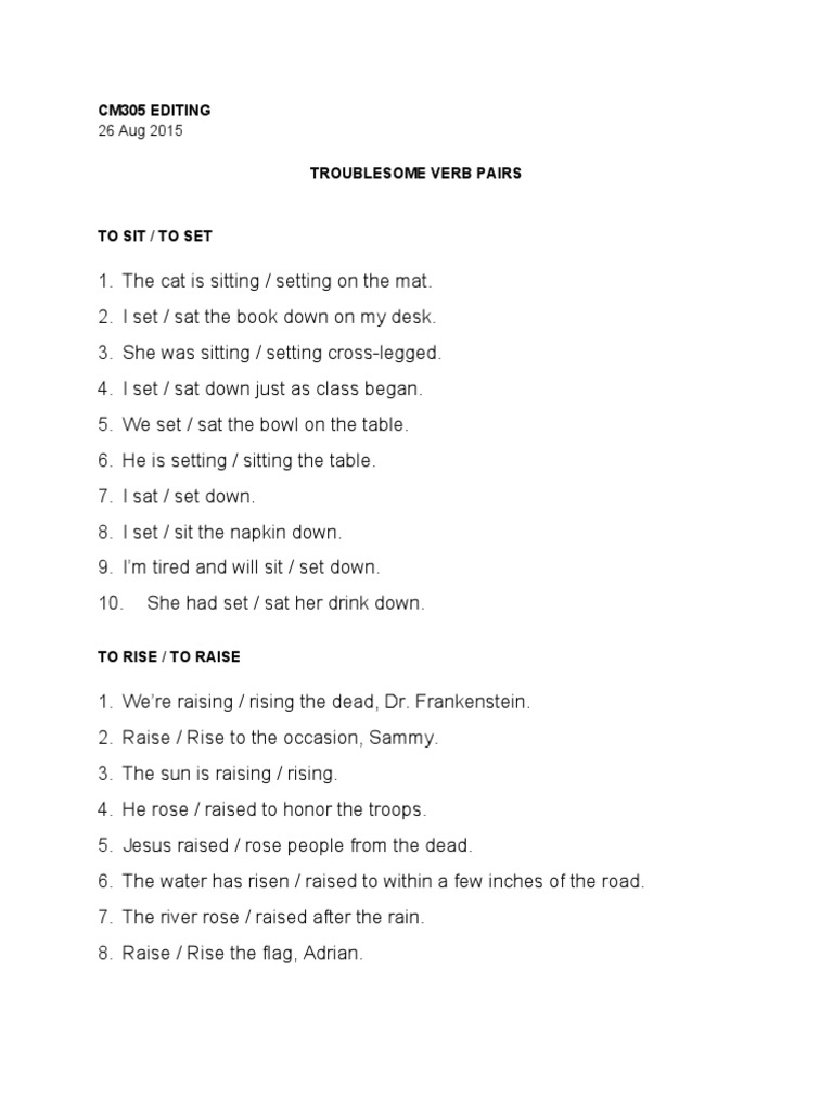 Lesson 2 Practice: Troublesome Verb Pairs | PDF
