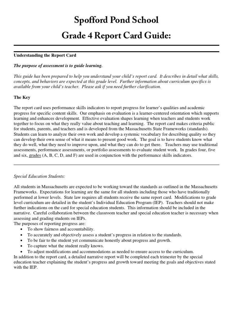 Spofford Pond School Grade 4 Report Card | PDF | Individualized ...