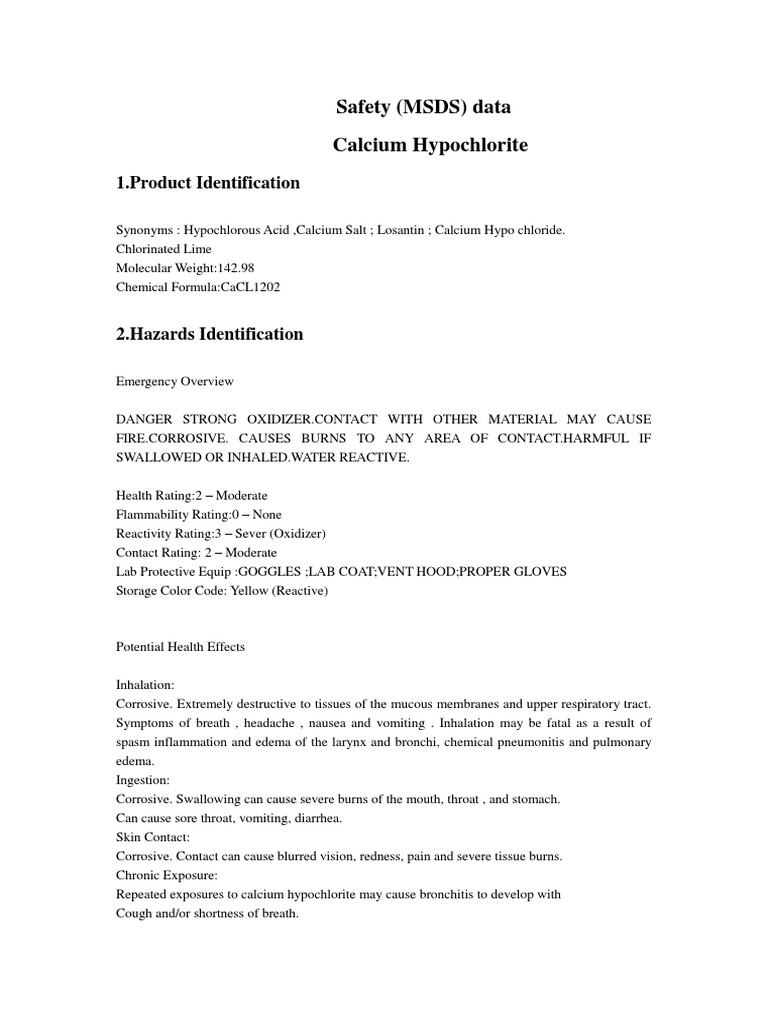 Safety (MSDS) Data Calcium Hypochlorite: 1.product Identification | PDF ...