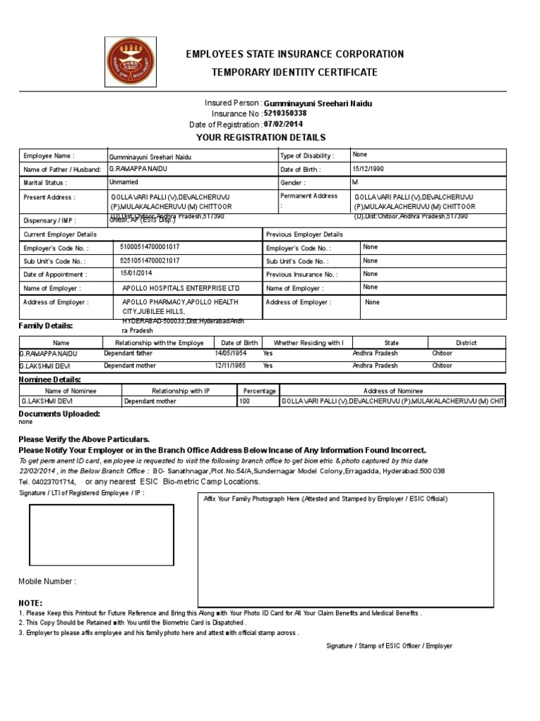 Employees State Insurance Corporation Temporary Identity Certificate ...