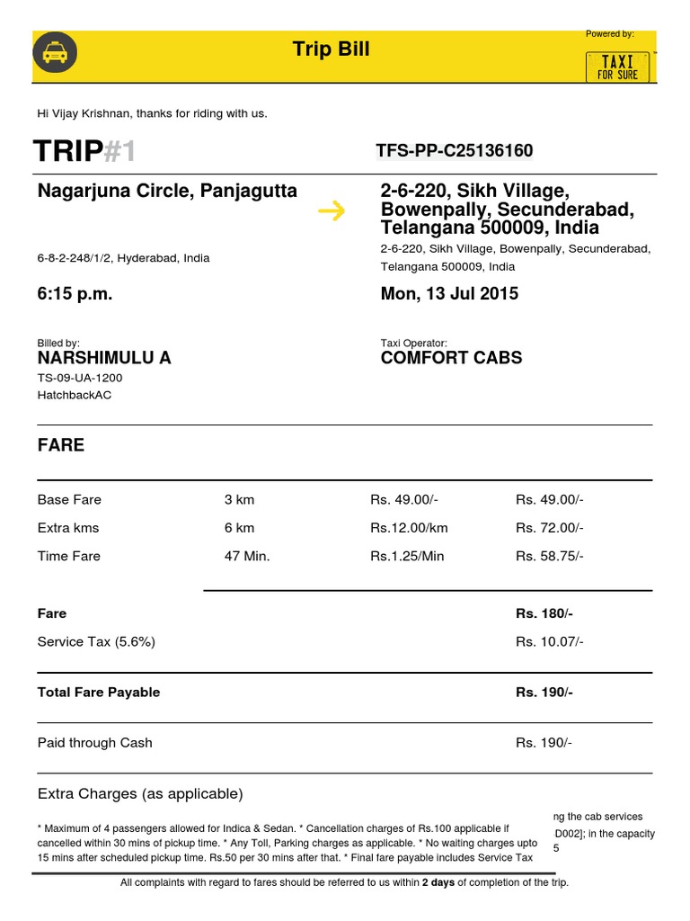 Taxiforsure Trip Bill and Fare Details | PDF | Finance & Money Management