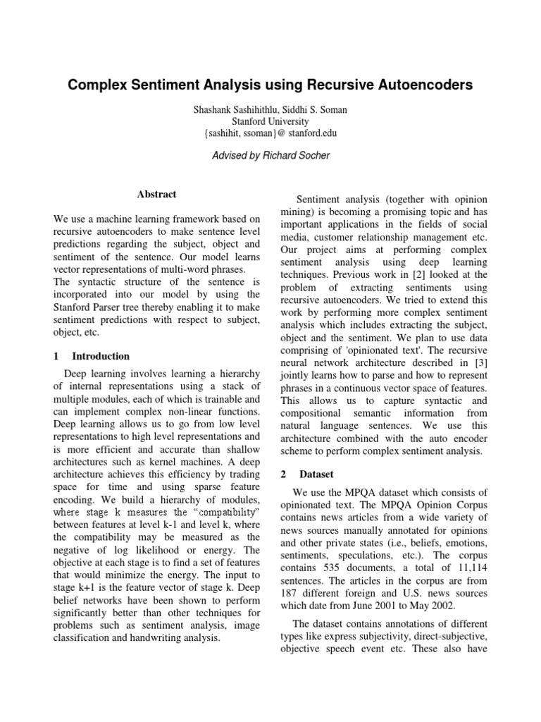 Complex Sentiment Analysis Using Recursive Autoencoders | PDF | Deep Learning | Parsing