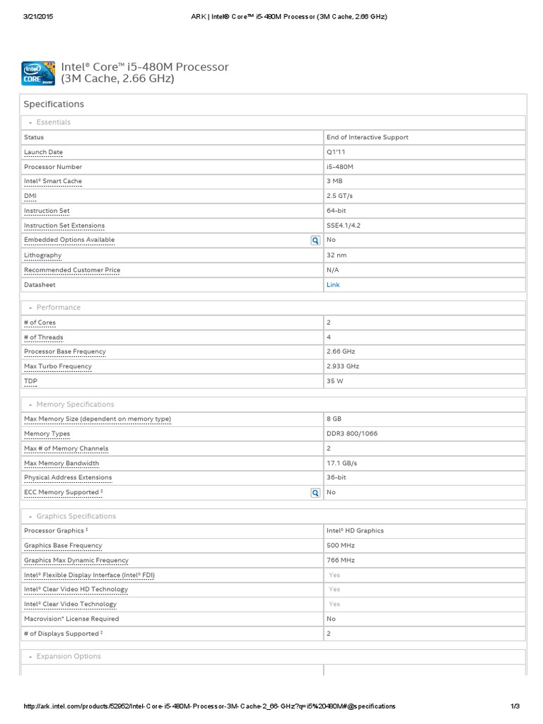 ARK _ Intel® Core™ i5-480M Processor (3M Cache, 2 | PDF | Cpu Cache ...