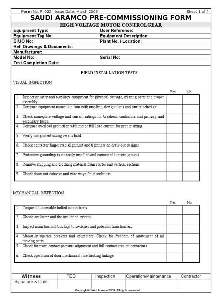 Saudi Aramco Pre-Commissioning Form: High Voltage Motor Controlgear | PDF | Relay | Fuse ...