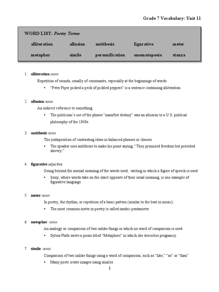 Grade 7 Vocabulary 11 | PDF | Poetry | Noun