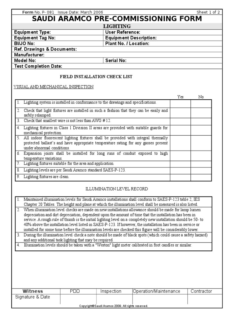 Saudi Aramco Pre-Commissioning Form: Lighting | PDF | Lighting ...