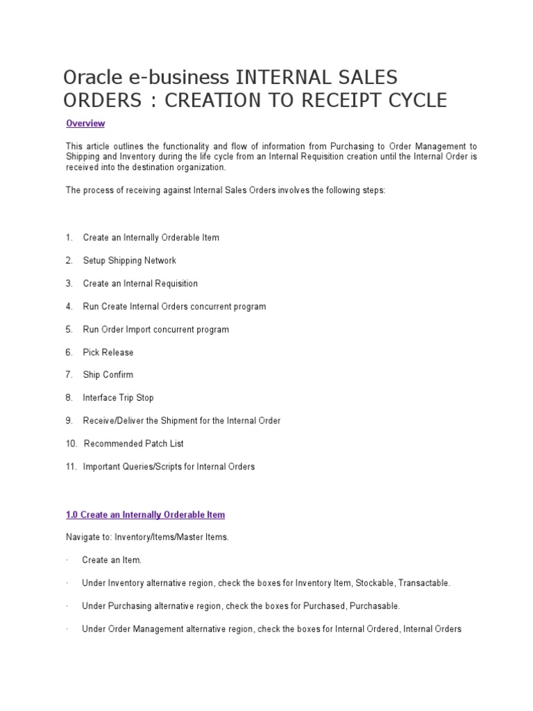 Oracle E-Business INTERNAL SALES Orders: Creation To Receipt Cycle | PDF | Inventory | Computer ...