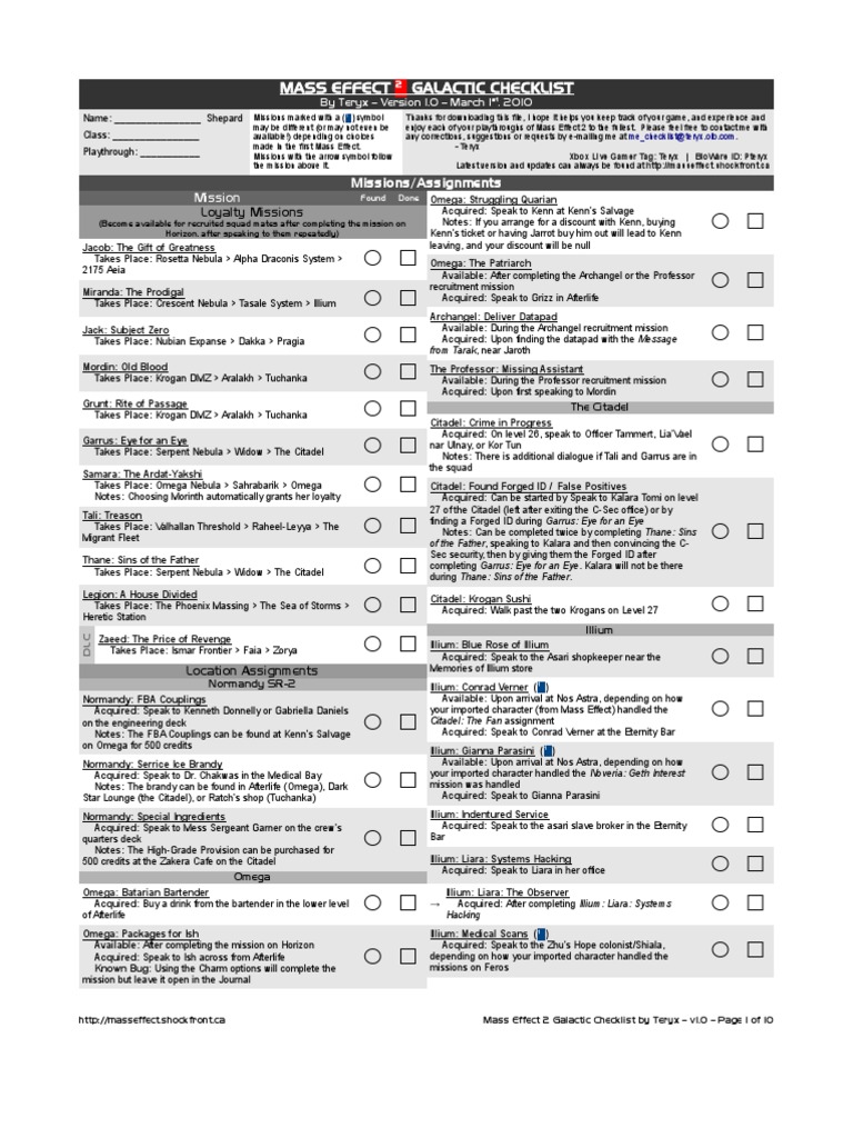 Mass Effect 2 Galactic Checklist by Teryx | PDF | Weaponry | Leisure