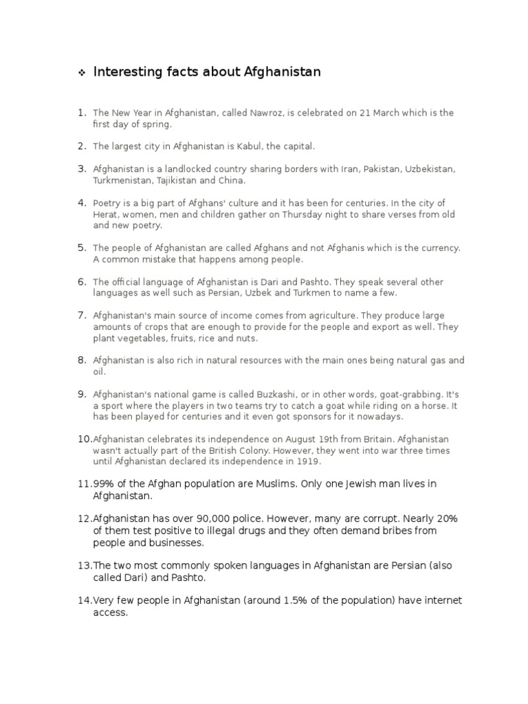 Interesting Facts About Afghanistan | PDF | Afghanistan | Taliban