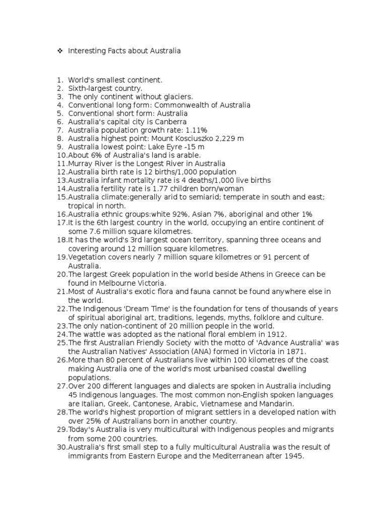 Interesting Facts About Australia | PDF | Australia | Australians