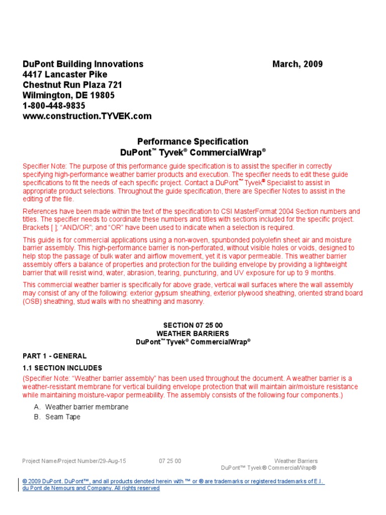 SPEC-3 - Performance Specification DuPont Tyvek CommercialWrap | PDF ...